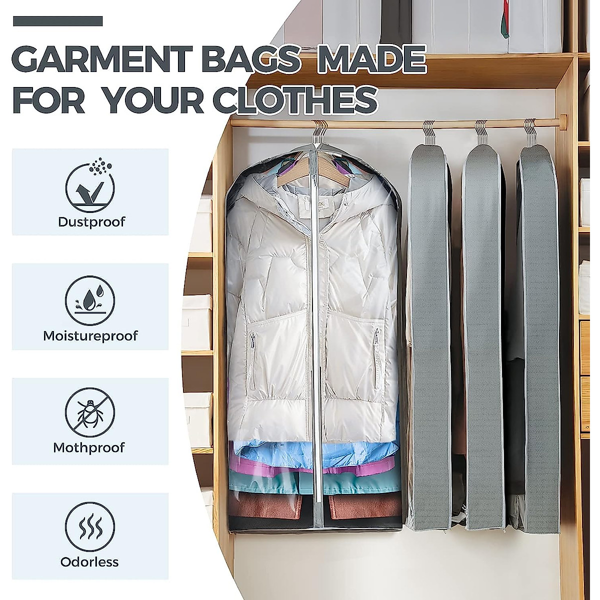 4 pack 40" Clear Garment Bags for Hanging Clothes, Suit Bags for Closet Storage, Clothing Storage, Garment Bags for Travel Covers with 4" Gussets for Coats, Shirts, Jackets, Sweater