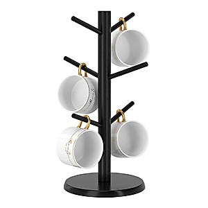 Wisuce Coffee Mug Holder, Black Bamboo Mug Tree with Thicker Base Coffee Cup Stand Mug Holders for Counter Coffee Mug Rack Organizer with 6 Hooks