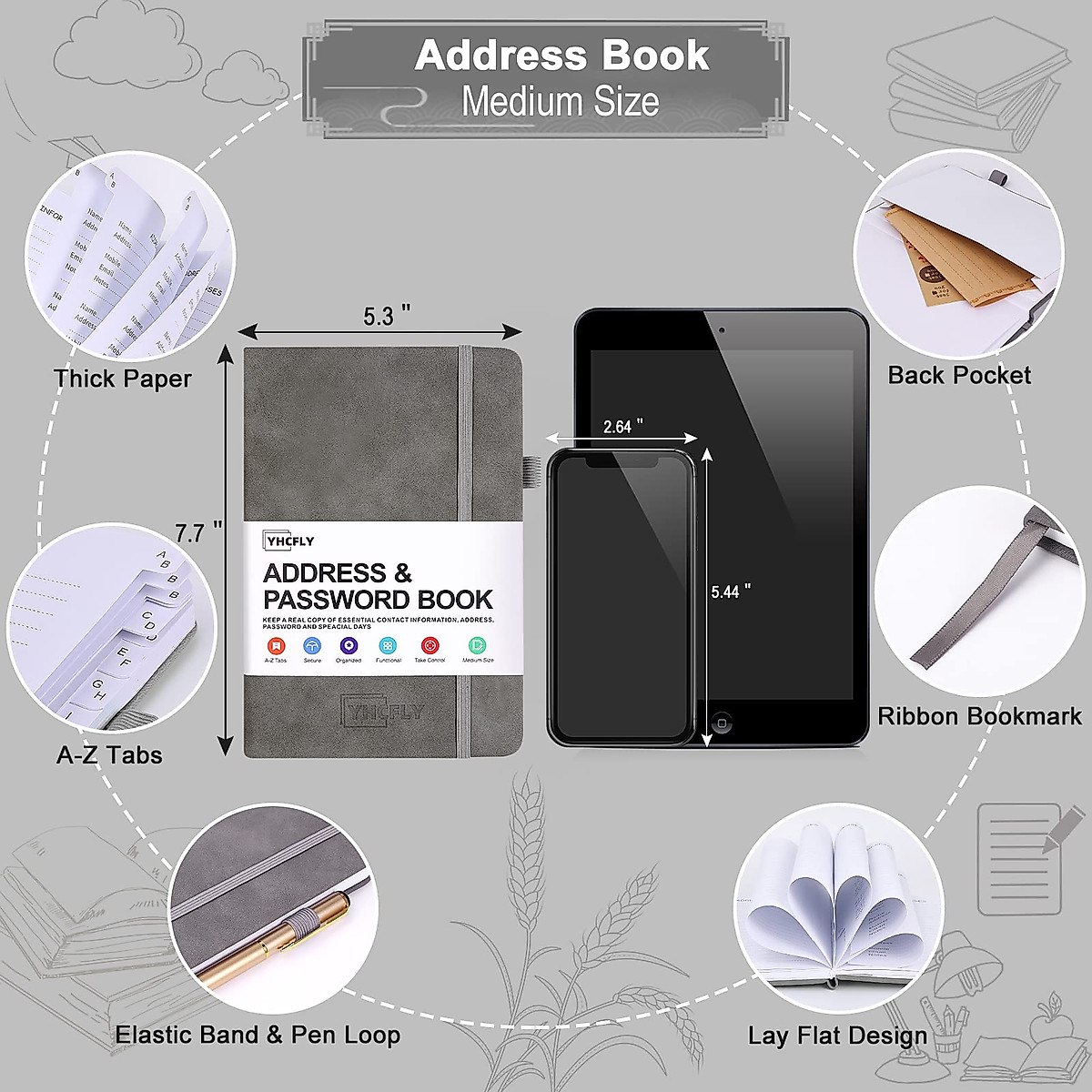 YHCFLY Address Book with Alphabetical Tabs, PU Leather Password Keeper and Telephone Book Address Organizer Record Contacts, Anniversaries, Birthdays - 5.3"x7.7" Grey