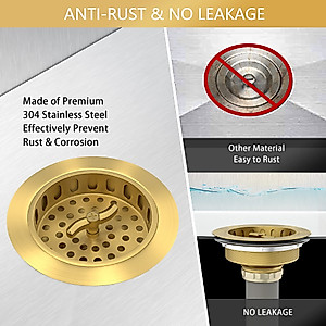 Gold Sink Drain Strainer 3-1/2 Inch Kitchen Sink Drain Assembly Kit with Stainless Steel Strainer Basket and Drain Stopper for Standard Kitchen Sink Brushed Gold