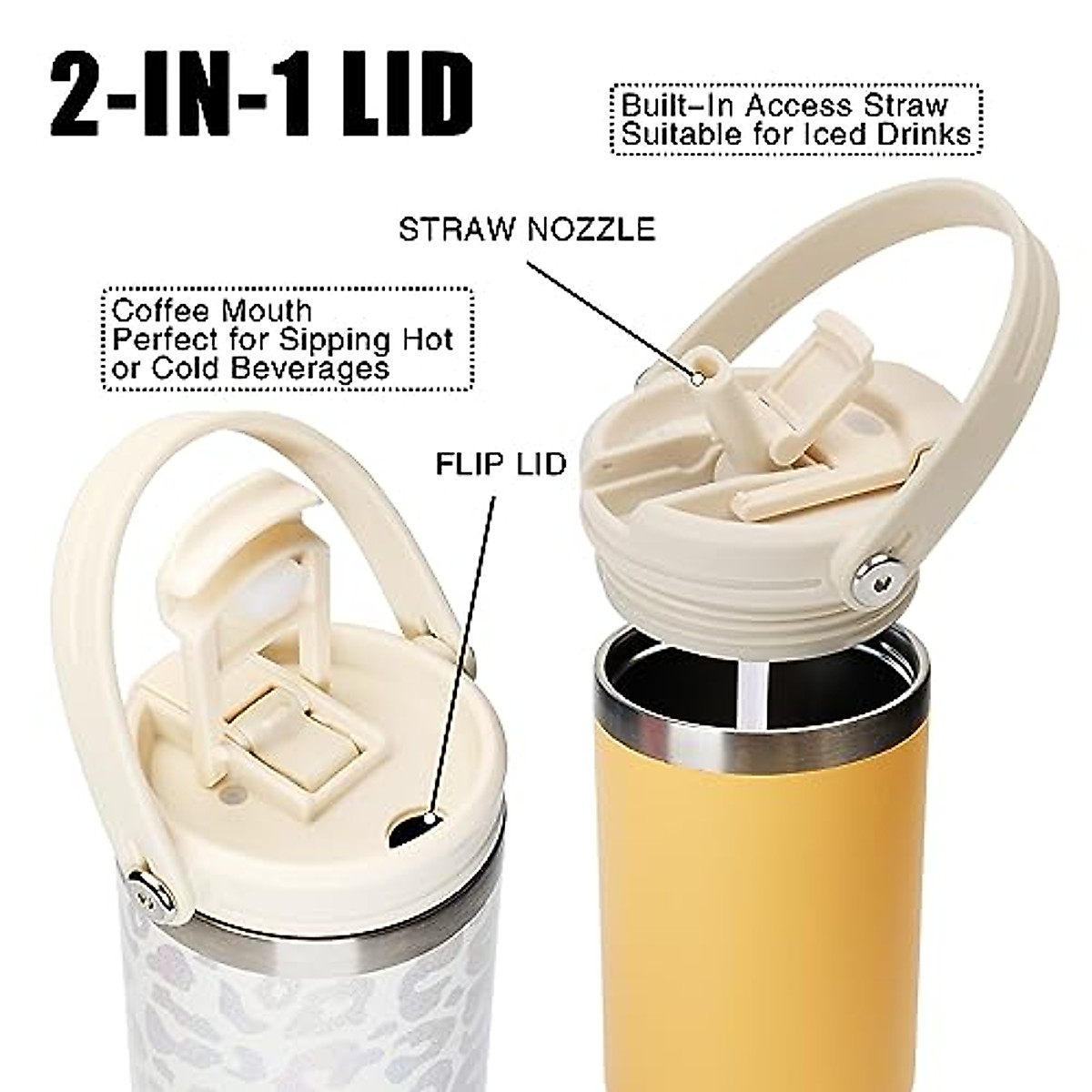 35oz Tumbler with Handle, Insulated Coffee Tumbler with Leak-proof 2-in-1 Lid and Straw, Double Wall Vacuum Insulated Coffee Mug, Stainless Steel Water Bottle for Hot&Cold Drinks(Ivory Leopard)