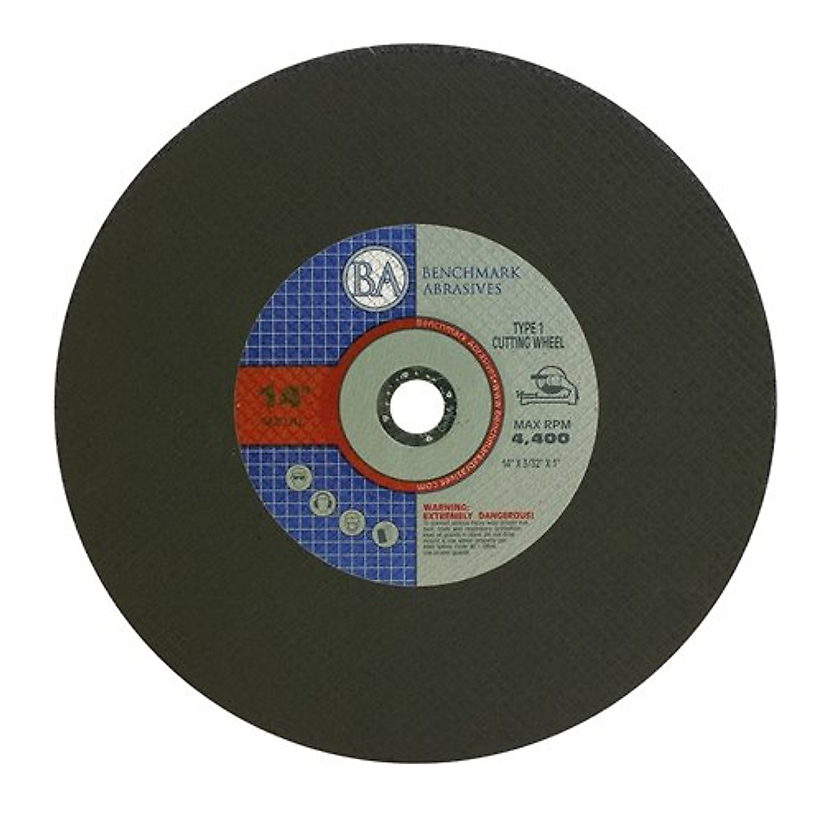 Benchmark Abrasives 14" x 3/32" x 1" Aluminum Oxide Type 1 Chop Saw Blade Cutting Wheel for High-Speed Power Saws, Max. RPM 4400, Precise Cutting of Metal Steel Drywall - 10 Pack