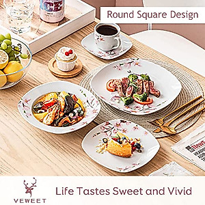 VEWEET, Series Annie, 30-Piece Porcelain Dinnerware Set with Pink Floral Pattern, White Plates and Bowls Sets including Dinner Plates, Dessert Plates, Soup Plates Set, Cups & Saucers, Dishes Set for 6