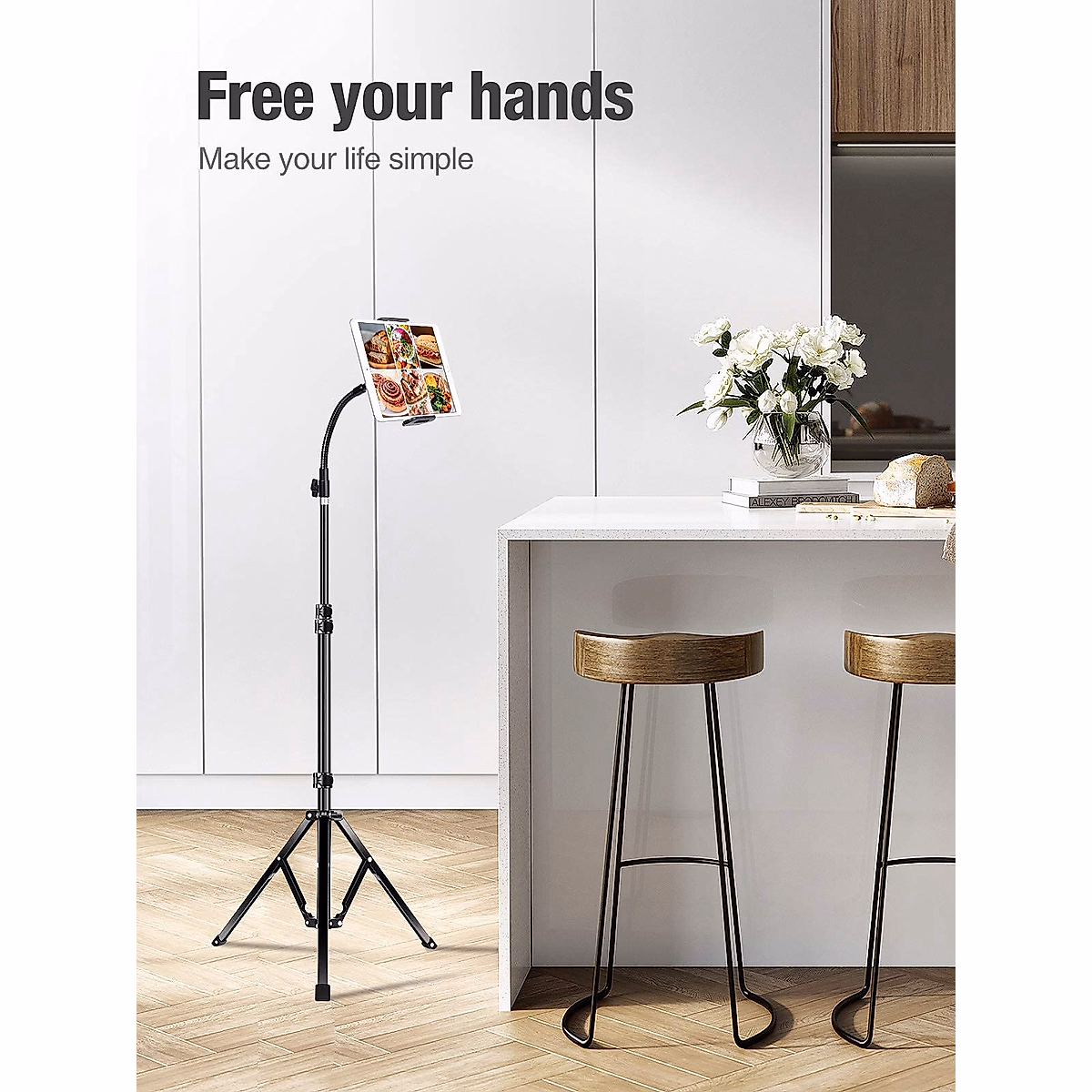 elitehood Metal iPad Tripod Stand & Adjustable 72’’ Gooseneck Tablet Floor Stand Holder, Heavy Duty Aluminum iPad Floor Stand for iPad Pro 12.9 11, Mini, Air, iPhone and 4.7-12.9" Tablets Cell Phones