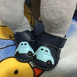 Lidiano Baby Non Slip Rubber Sole Cartoon First Walking Slippers Crib Shoes Newborn Infant Toddler Training Shoes (12-18 Months, Blue Car)