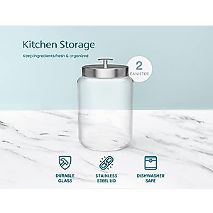 KooK Glass Large Kitchen Canister Set, Food Storage Containers, Bathroom Jars, Airtight Lids, 3.7 Liters.98 gallons, Set of 2 (Stainless Steel)