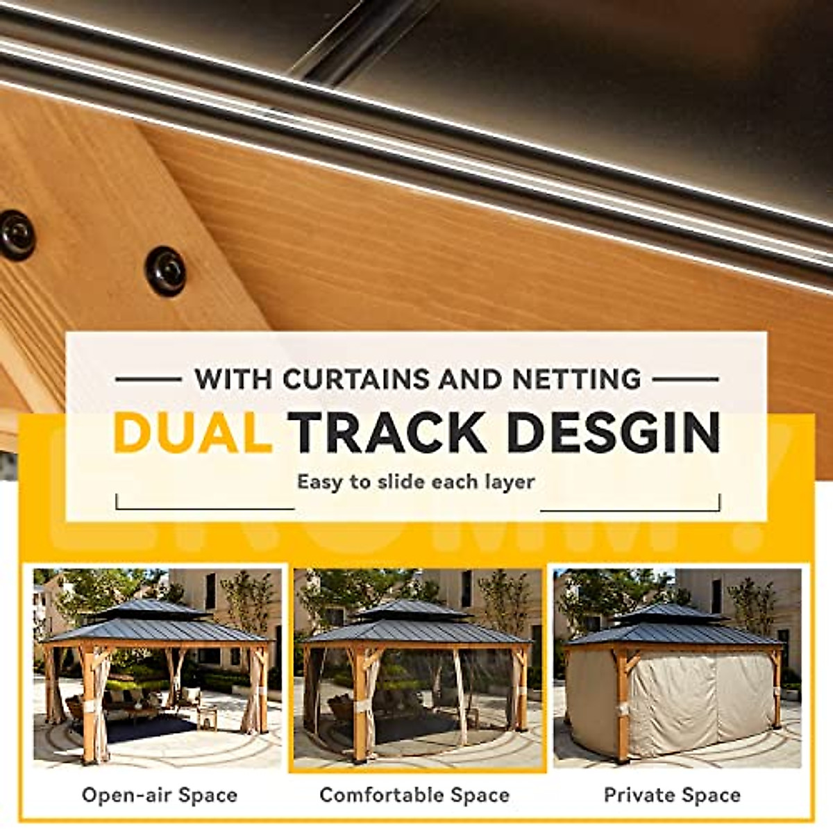 EROMMY 13'x15' Wood Gazebo, Outdoor Hardtop Gazebo Pavilion with Netting and Curtains, Spruce Wooden Frame Double Roof Metal Canopy for Patio Backyard Deck Garden