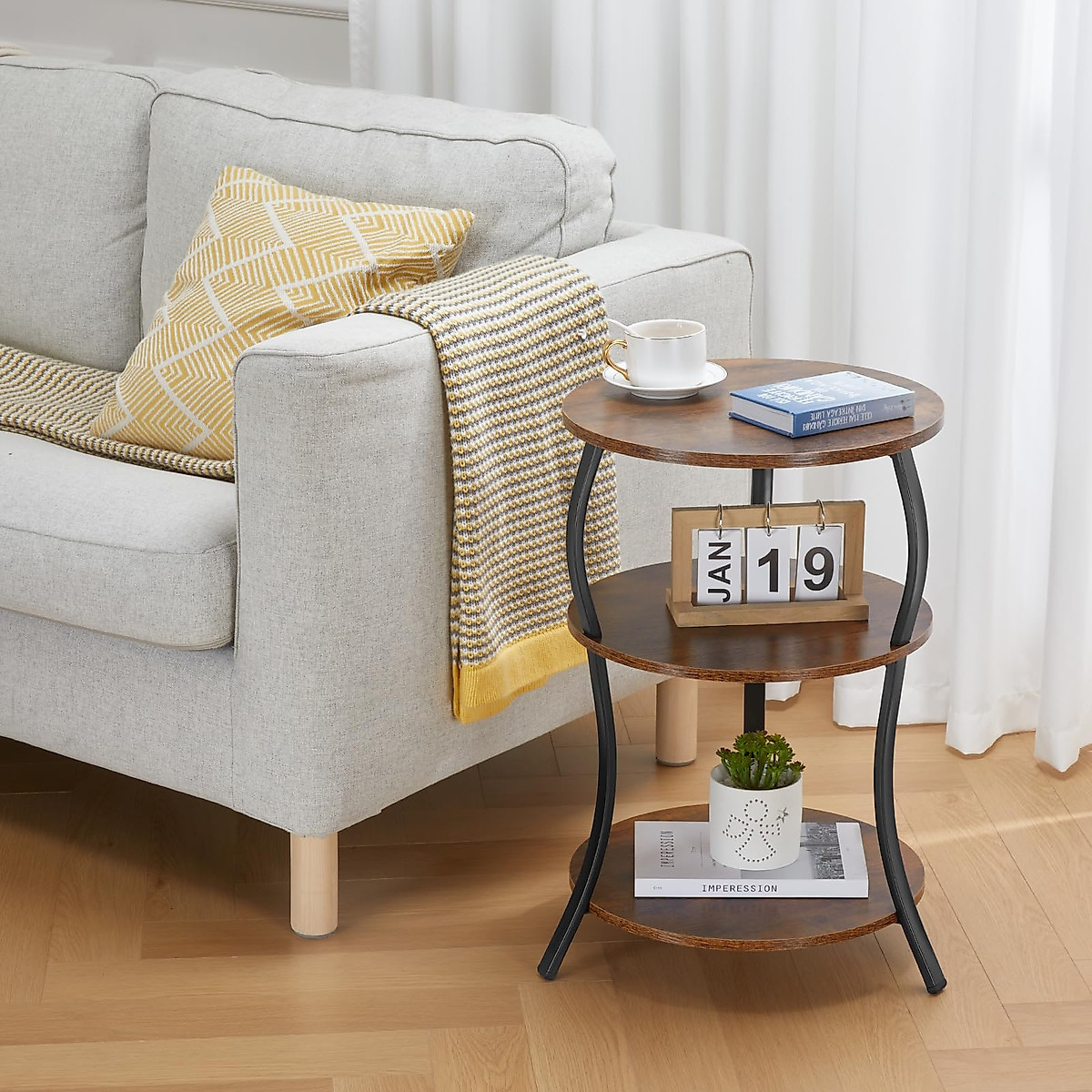 YEAKOO Round Side Table, 3-Tier Waist End Table with Storage Shelf, Side Tables Living Room,15.75x24’’Round End Table, Sofa Side Table, Snack Table TV Tray Table, Vintage Nightstand for Bedroom,Brown