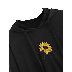 SweatyRocks Women's Floral Print Long Sleeve Hoodie Casual Drawing Sweatshirt Pullover Crop Top Black L