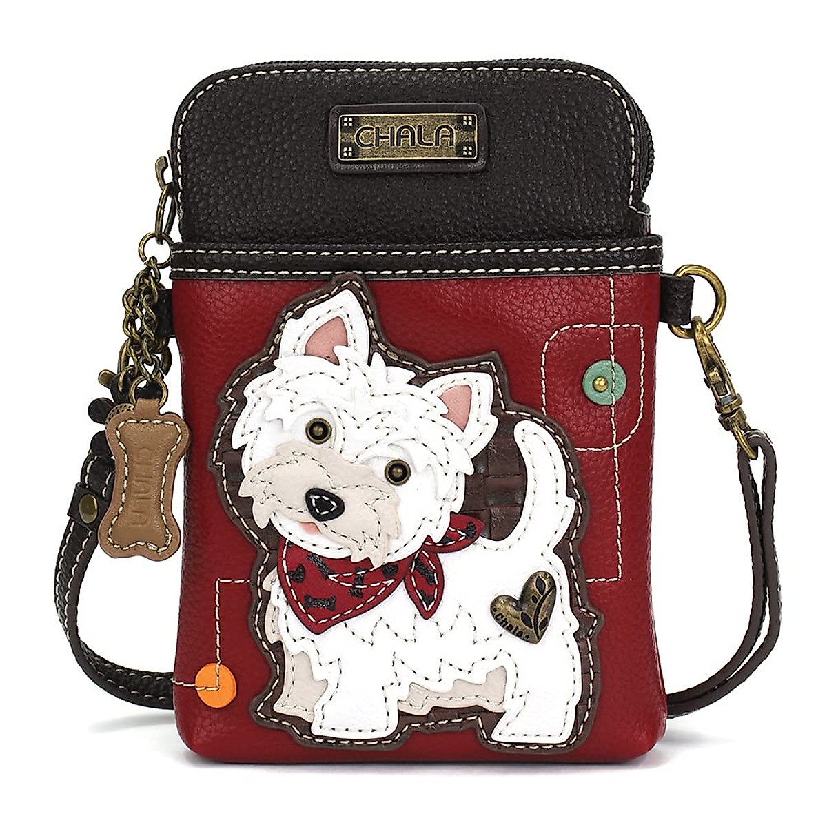Chala Group Dog CellPhone Crossbody Handbag, Dog Mom, Chala Westie Highlander Terrier Lovers Cross-body Phone Purse with Adjustable Straps (Red and Black -Westie)