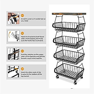 BEEY Vegetable Storage Rack with Wood Tabletop 5 Tier Stackable Storage Baskets with Wheels Vegetable Fruit Baskets Utility Cart Rack for Pantry,Garage