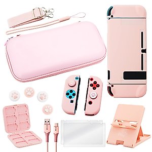 PlayM Pink Carrying Case & Accessories Bundle for Nintendo Switch, Cute Accessories Kit with Protective Cover, Screen Protector, Adjustable Stand, Game Card Case, Thumb Grips & Charger Cable for Girls
