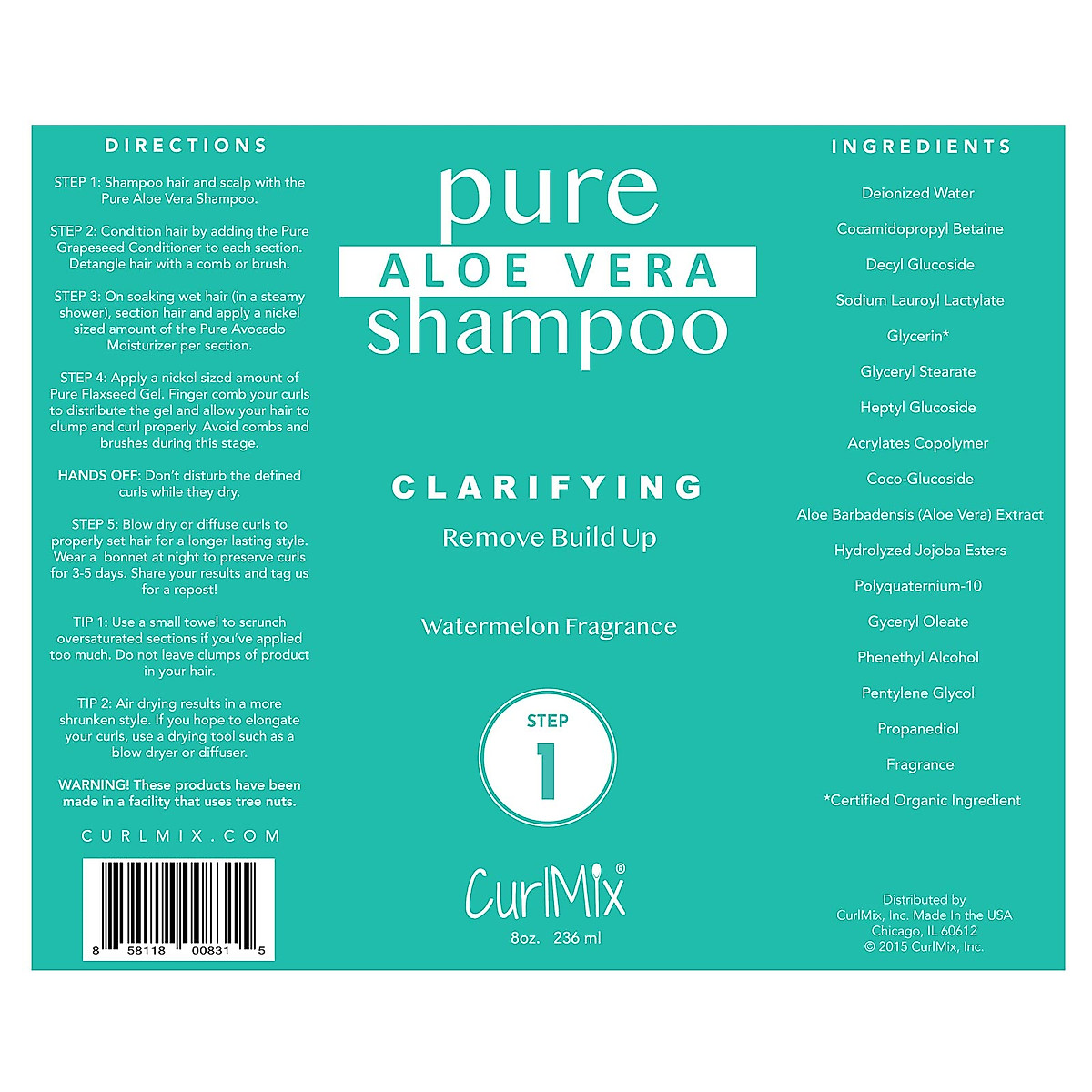 CurlMix Shampoo for Curly and Kinky Hair with Aloe Vera - Watermelon Fragrance - Clarifies and Moisturizes Ethnic and Natural Hair - Organic, Handmade, Shampoo for Natural Hair and Softer Curls - Paraben Free - Sulfate Free - 8oz