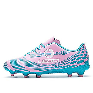 LEOCI Men's Women's Firm Ground Soccer Cleats Outdoor/Indoor Boys Girls Professional Futsal Football Training Sneakers (8 M US Women/6.5 M US Men, Pink)