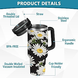 pnyoin White Daisy Insulated Tumblers With Handle And Straw 30 oz Stainless Steel Tumbler Cups With Lid Leakproof BPA-Free Water Bottle,Cup Holder Compatible for Travel