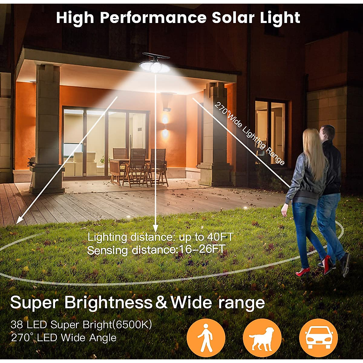 EMANER Solar Flood Security Lights with Motion Sensor, 100W Equiv. Dusk to Dawn Outdoor Floodlight 3-Mode, IP65 Wireless Spotlight 6500K, Solar Powered 2500mAh for Garage/Porch/Patio, 1Pack