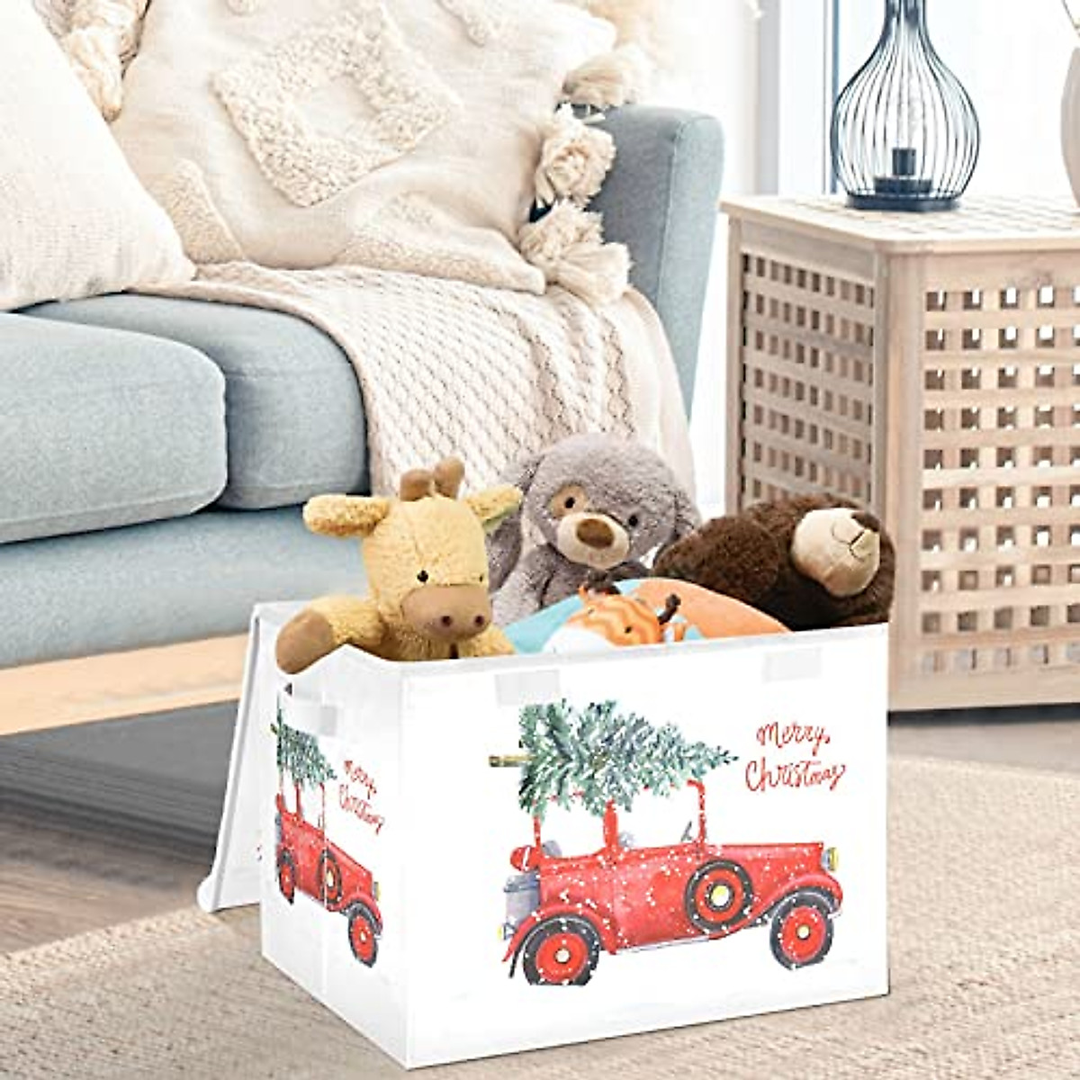 CaTaKu Retro Truck Tree Storage Bins with Lids and Handles, Fabric Large Storage Container Cube Basket with Lid Decorative Storage Boxes for Organizing Clothes
