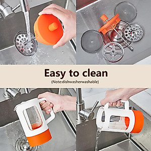 YOLIFE French Press Coffee Maker, 21 oz Small Coffee Tea Press with Heat-resistant Borosilicate Glass, 4-Level Filtration Systems, Portable Coffee Pot for Camping Travel Gifts, White and Orange