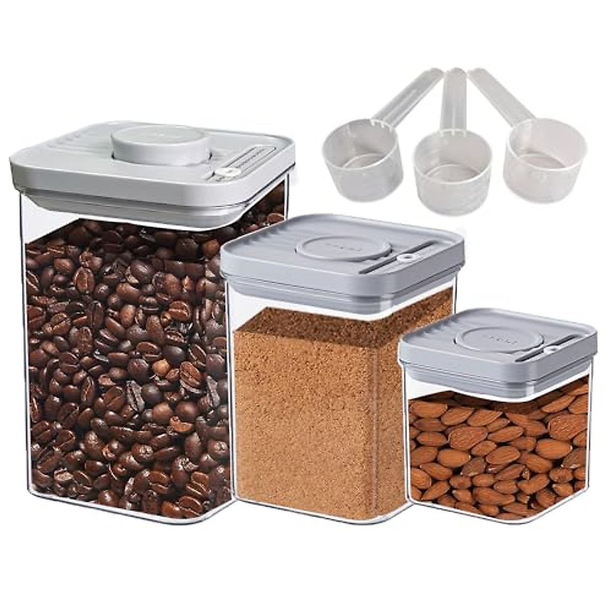 DMDFAN POP Airtight Food Storage Containers with Lids for Kitchen Pantry Organization, 3 PCS Air Tight Food Containers Set for Coffee Pasta Cereal Tea Nuts Sugar Rice (Grey)