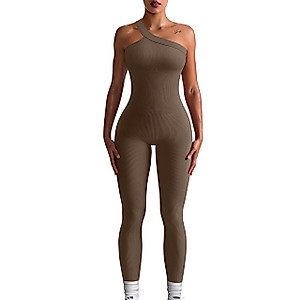 OQQ Women Yoga Jumpsuits Workout Ribbed One Shoulder One Piece Sport Jumpsuits Coffee