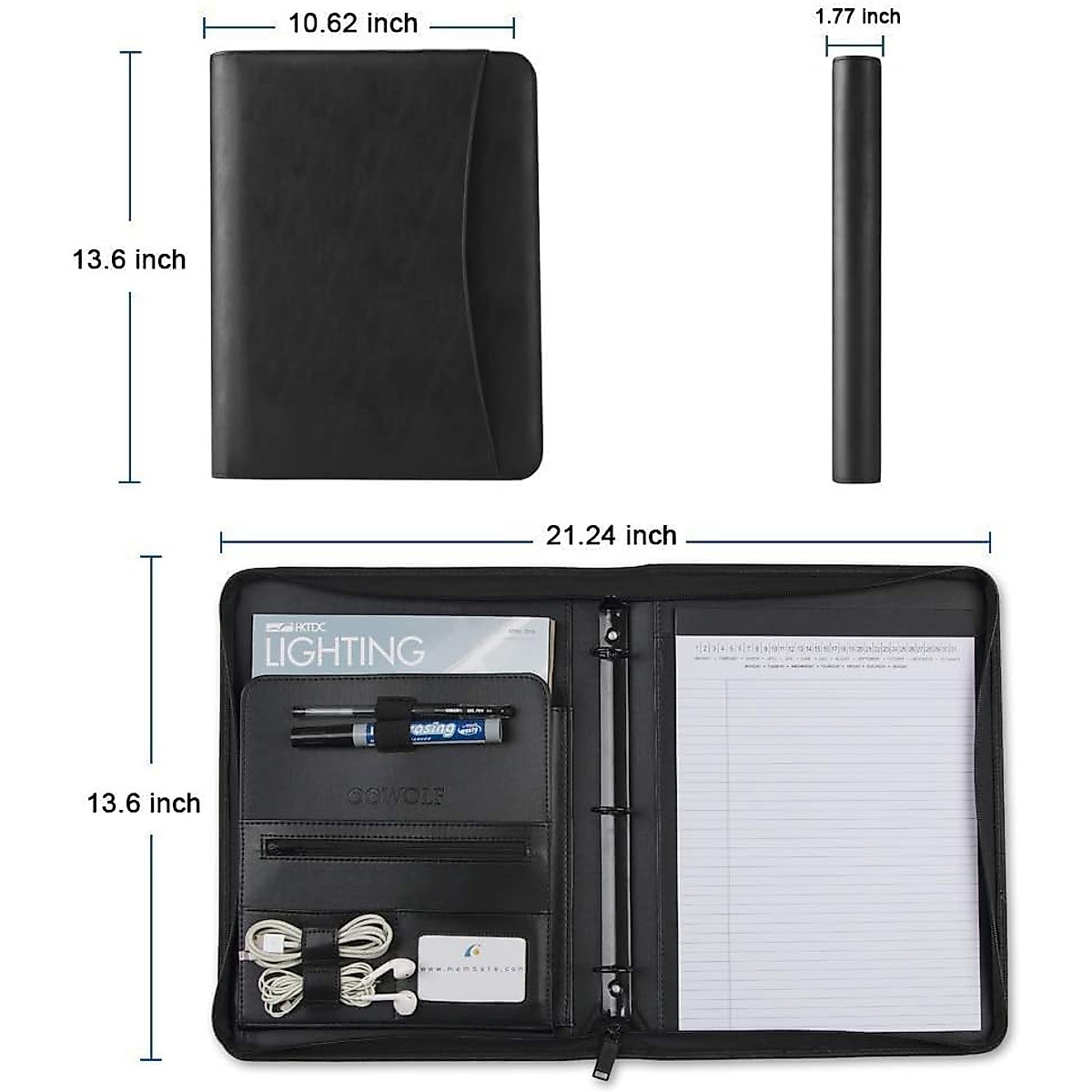 OOWOLF Padfolio Portfolio Folder, PU Leather Professional with Round Ring Binder 8.5 x 11 Inch Writing Pad Tablet Sleeve Interview Resume Document Organizer Business Card Holder Zippered Closure