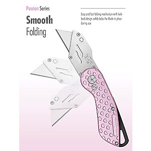 FantastiCAR Box Cutter Folding Utility Knife, Unique Metal Body, Safety Lock Button and Quick Blade Change, with Extra 5 Sharp Blades (Pink-Hearts)