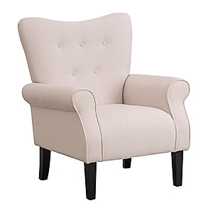 MELLCOM Mid Century Wingback Arm Chair,Modern Upholstered Fabric High Back Accent Chair with Wood Legs,Upholstered Single Sofa Club Chair for Living Room, Bedroom, Home Office, Beige