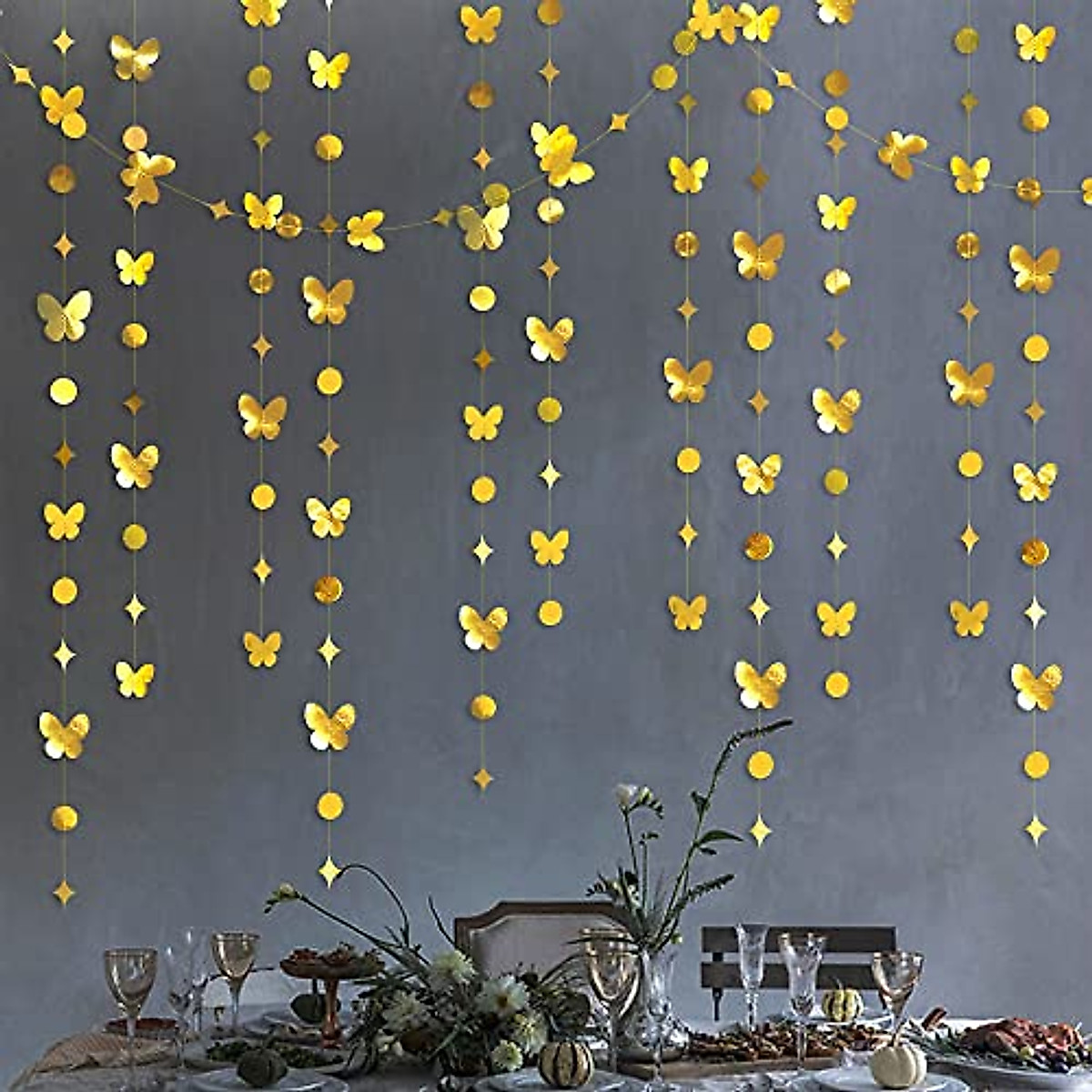 40 Ft Gold Butterfly Garland Metallic Paper Hanging Polka Dots Star Butterflies Streamer Banner for Spring Engagement Wedding Bridal Shower Baby Shower Bachelorette Birthday Party Decorations Supplies