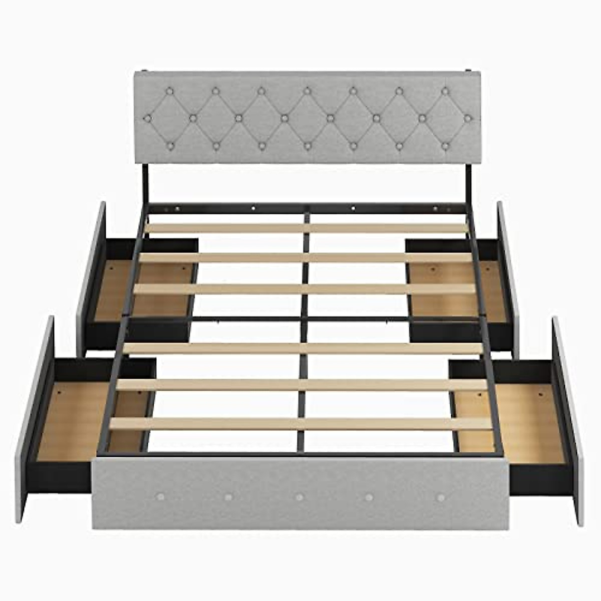 ZAFLY California King Platform Bed Frame with 4 Storage Drawers,Cal King Bed Frame with Fabric Headboard,Diamond Stitched Button Tufted Design,Wooden Slats Support,No Box Spring Needed,Light Grey
