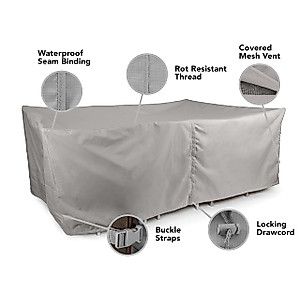Covermates Rectangular Dining Table/Chair Set Cover - Heavy-Duty Polyester, Weather Resistant, Drawcord Hem, Center Hole for an Umbrella, Patio Table Covers, 90W x 58D x 30H, Ripstop Grey