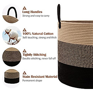 Woven Rope Laundry Basket by TECHMILLY, 42L Baby Nursery Hamper for Clothes Blanket Storage, Large Tall Laundry Hamper for College Dorm, Bedroom, Living Room, Brown & Black