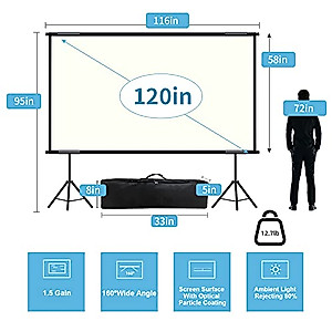 Projector Screen and Stand,TOWOND 120 inch Ambient Light Rejecting Screen Outdoor Indoor,Portable 16:9 4K HD Front Anti-Wrinkle Movie Screen with Carry Bag for Home Theater Backyard Cinema