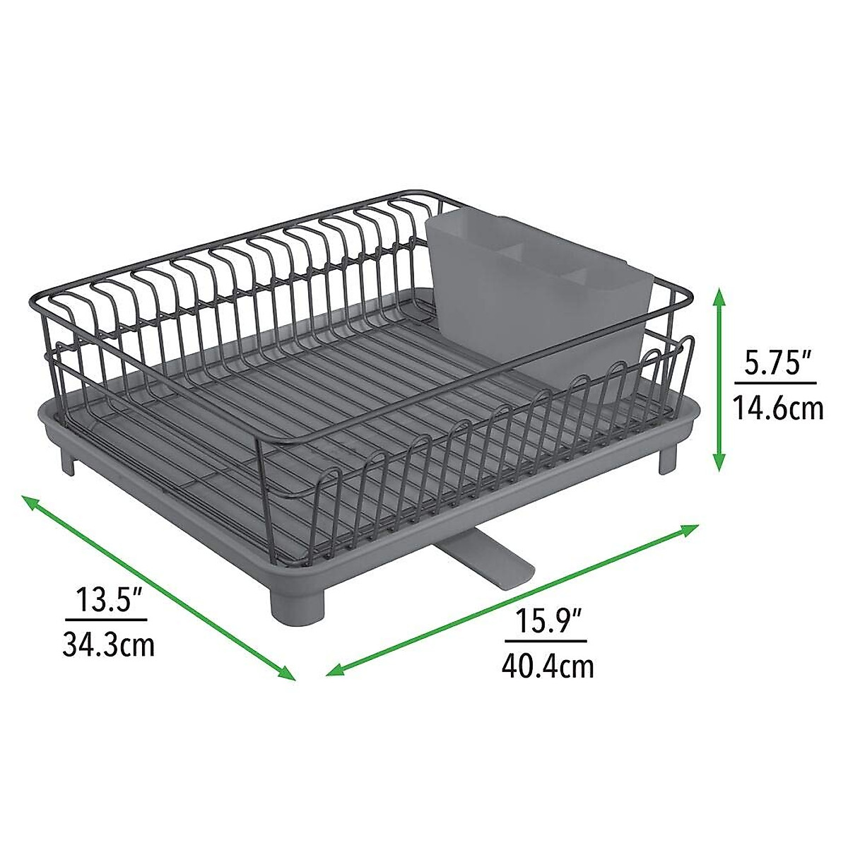 mDesign Large Metal Kitchen Countertop, Sink Dish Drying Rack - Removable Plastic Cutlery Tray, Drainboard with Adjustable Swivel Spout - 3 Pieces - Black/Charcoal Gray