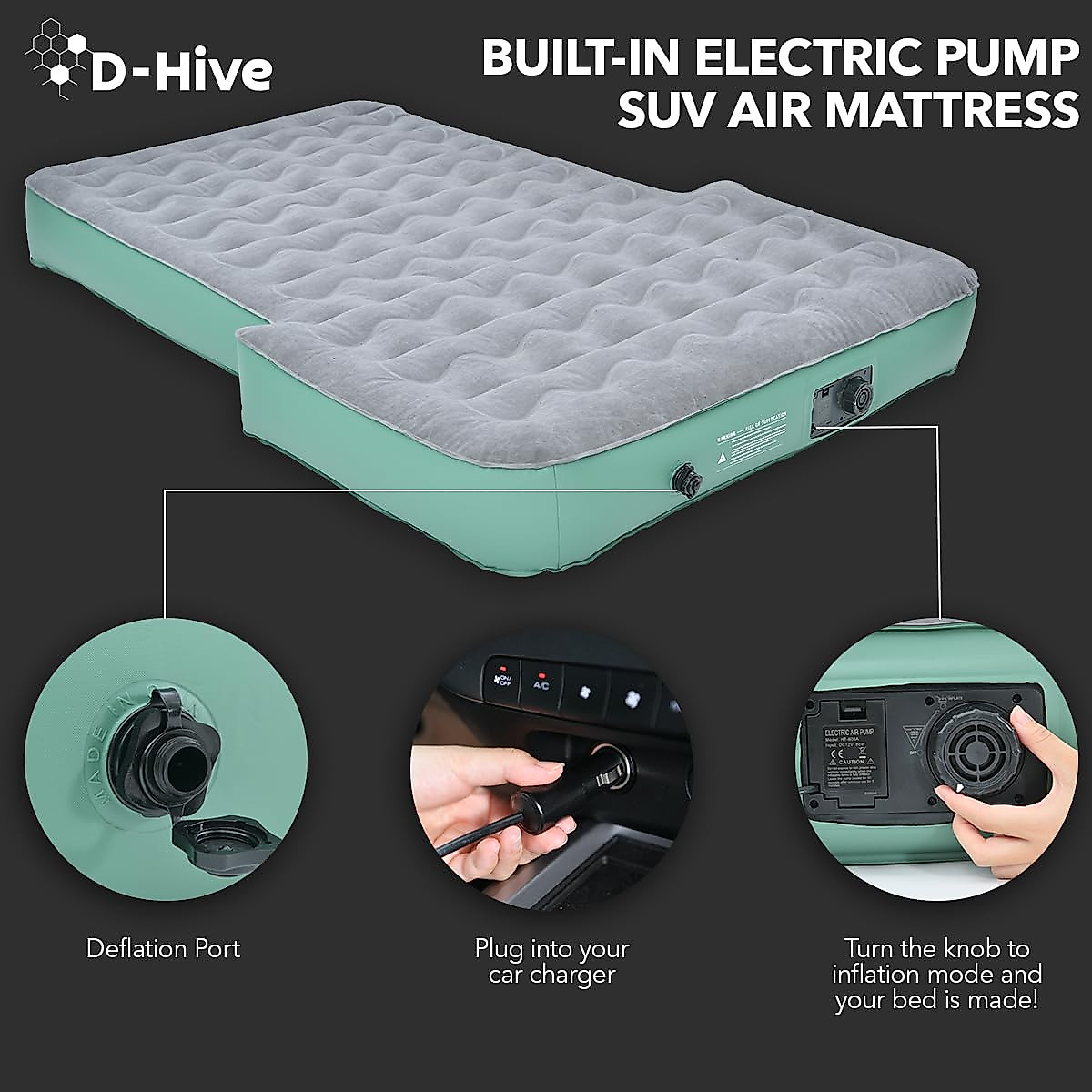 D-Hive Full Size SUV Air Mattress, Easy to Install with Built-In Pump, Quick Inflation, Anti-Deflate, Fits 2 People, Green