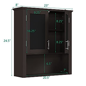 VIVIJASON Wall Mounted Bathroom Cabinet, Over The Toilet Space Saver Storage Cabinet, Medicine Wall Cabinet Storage Organizer, Cottage Collection Wall Cabinet with 2 Doors & Adjustable Shelf, Espresso