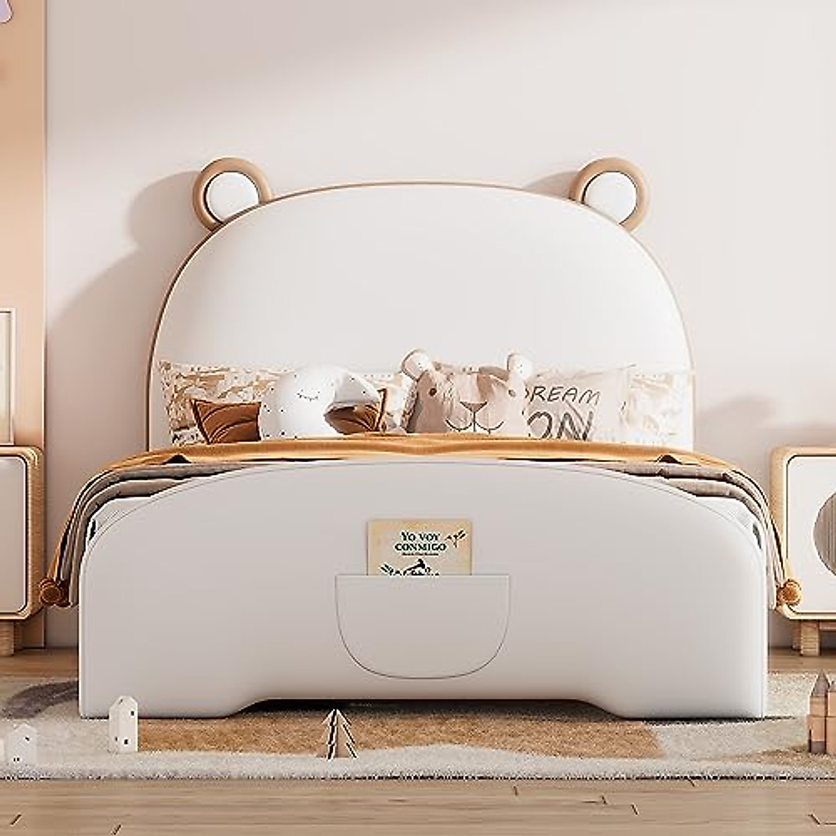 Twin Platform Bed Frame, Platform Bed for Girls Boys, Modern PU Leather Upholstered Platform Bed with Bear-Shaped Headboard and Footboard, Noise-Free, No Box Spring Needed (White+Brown)