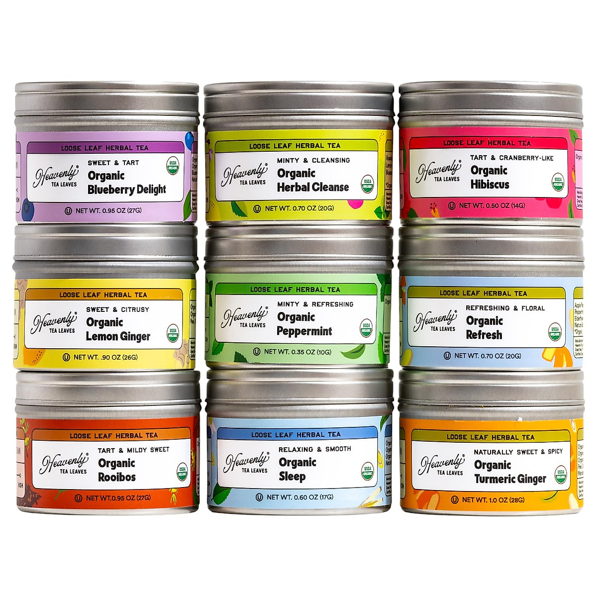Heavenly Tea Leaves Organic Loose Leaf Herbal Tea Sampler (Approx. 90 Cups of Tea), 9 Naturally Caffeine-Free Tisanes - Great Hot or Iced, Gifts for Her, Health & Immune Support