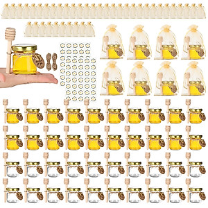 Alotpower 1.5oz Mini Honey Jars with Dipper 48Pack,45ml Round Mini Glass Jars with Lids/Wooden Dippers/Bee Pendants/Gift Bags/Tags/Twine String,Small Honey Jars for Wedding,Party Favor(Gold Lids)