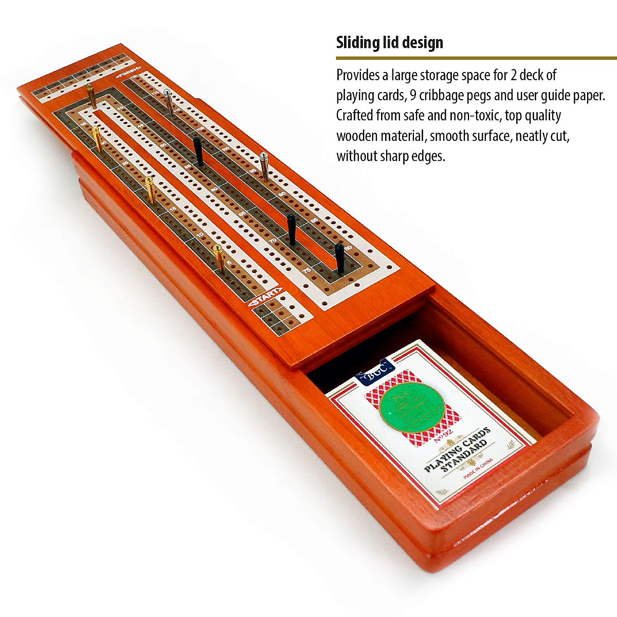 CRIBBAGE BOARD GAME SET. UNIQUE LARGE WOODEN CONTINUOUS 3 TRACK BOARD WITH LARGER STORAGE AREA, 9 METAL PEGS AND 2 DECKS OF PLAYING CARDS. TRAVEL PORTABLE CRIBBAGE PERSONALIZED BOARDS CARD GAME SETS