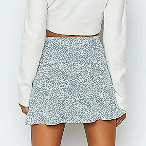 Bravetoshop Women's Boho Floral Print Elastic High Waisted Pleated A Line Mini Skirt E Girl Streetwear (Blue,XL)