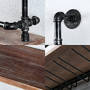 Industrial Hanging Wine Glass Rack Wall Mounted,30in Pipe Shelf Wine Rack with 7 Glass Holder,Rustic Wine Glass Holder Stemware Racks,Pipe Shelving Wood Shelves Floating Wine Glass Shelf