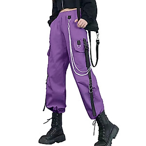 Purple Cargo Pants with Chain Kpop Fashion Gothic Clothes for Women Emo Pants Aesthetic Pants for Teens Cyberpunk Pants