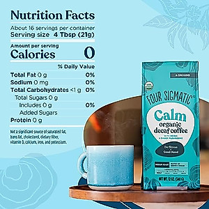 Four Sigmatic Calm Organic Decaf Ground Coffee | Swiss Water Decaf Coffee Ground | Decaffeinated Coffee with Chaga & Reishi Mushroom Extracts | Decaf Coffee for Stress Relief | 12oz Bag