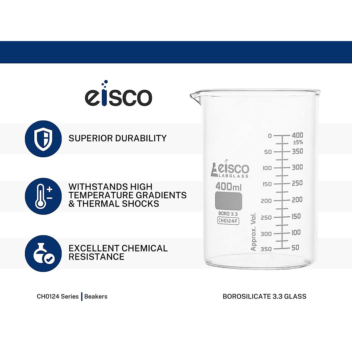 EISCO 12PK Beakers, 30ml - ASTM - Low Form with Spout - Dual Scale, White Graduations - Borosilicate 3.3 Glass