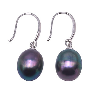 Womens Pearl Sterling Silver Dangle Earrings AAA Quality 9x11.5mm Oval Black Freshwater Pearl Fishhook Earrings