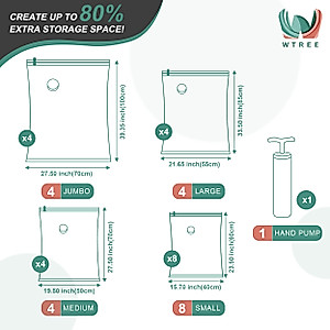 WTREE 20 Pack Vacuum Storage Bags, Space Saver Bags, Vacuum Sealed Bags for Comforters, Blankets, Clothes Storage, Hand Pump Included (4 Jumbo/4 Large/4 Medium/8 Small)