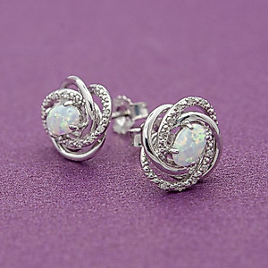 Timeless Love 0.40 ct Created Opal Love Knot Shaped Stud Earrings Set in Polished Sterling Silver with 0.06 ct Natural White Diamond, Dainty Jewelry, Women’s Fashion Earrings
