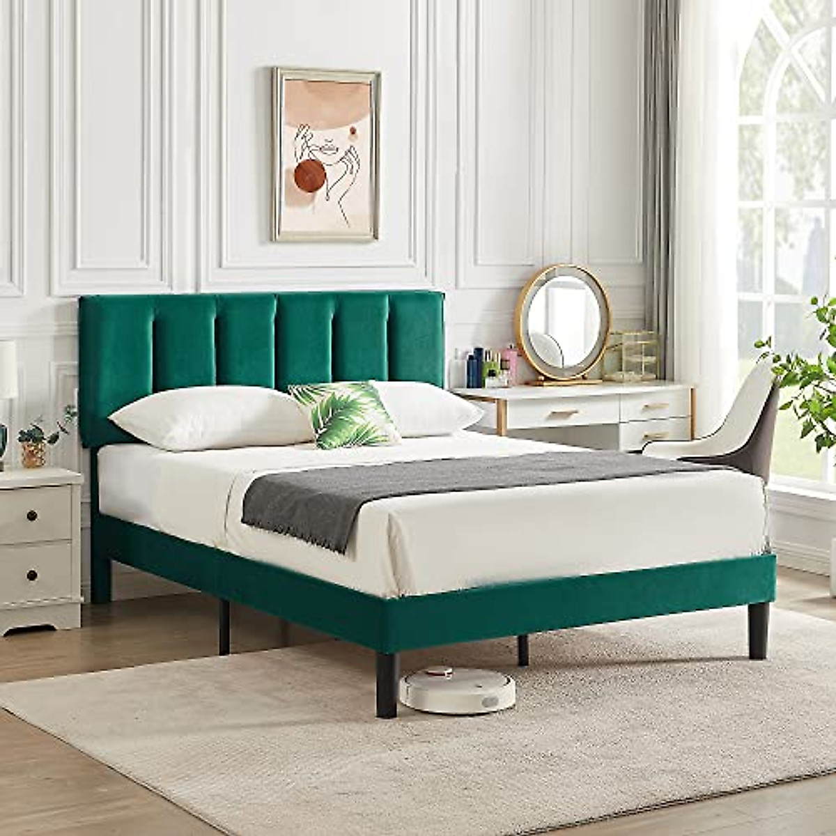 VECELO Full Bed Frames, Upholstered Platform Bedframe, Adjustable Headboard, Wood Slat Support, No Box Spring Needed, Easy Assembly, Dark Green