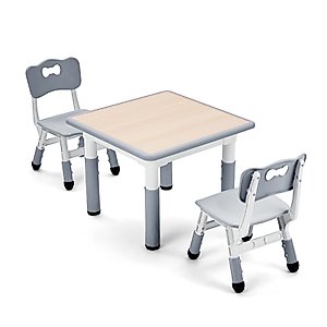 UNICOO - Kids Height Adjustable Three Piece Study Table and 2 Chairs Set, Plastic, Children Art Table with 2 Seats, Multipurpose Activity Table for Kids 2-10 Years Old (Maple Top with Grey Border)
