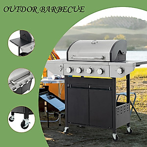 4-Burners Propane Gas BBQ Grill with Side Burner and Thermometer, Cart Style Outdoor Stainless Steel Cooking Barbecue Propane Grill for Backyard Barbecue Camping